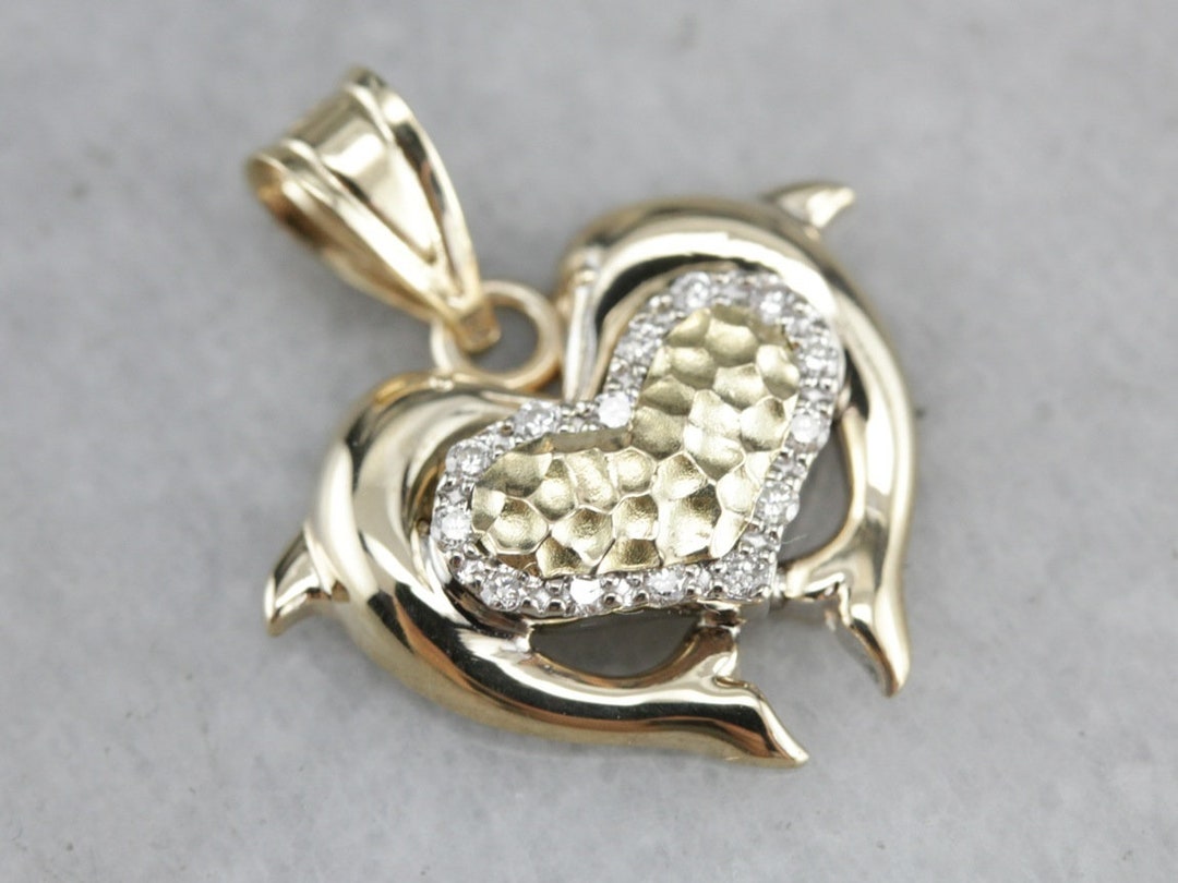 Diamond Dolphin Heart Pendant, 14K Gold Sweetheart Charm - Etsy