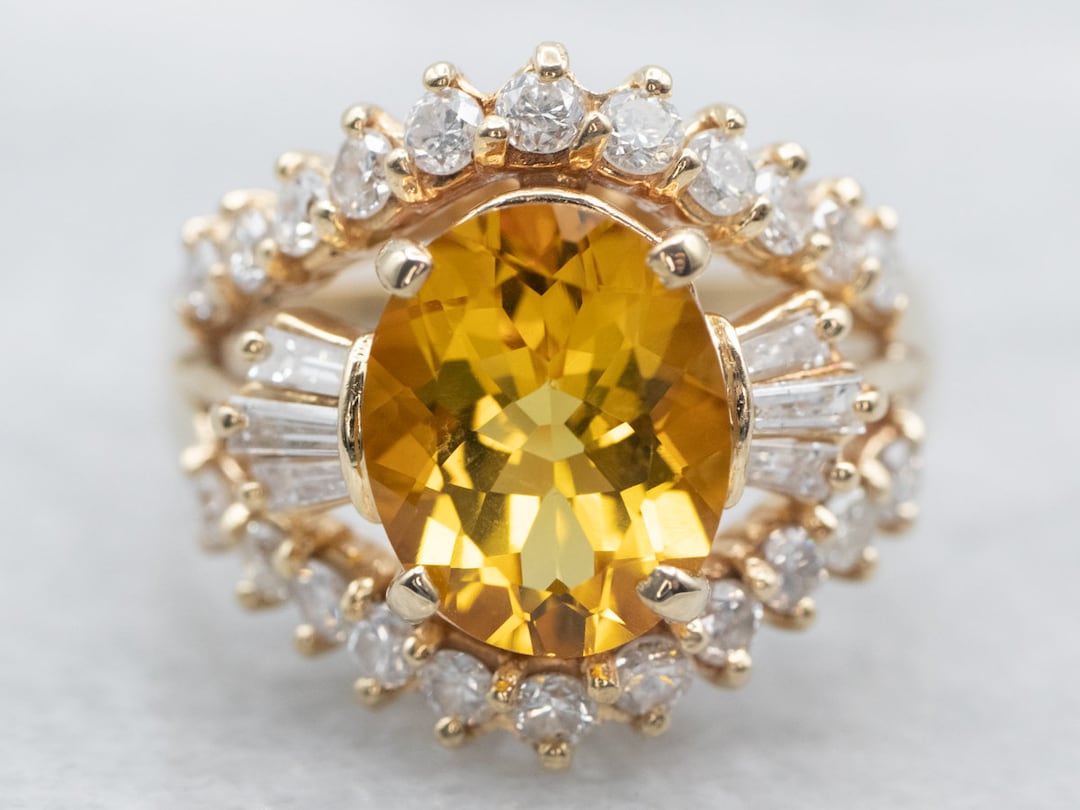 Golden Beryl and Diamond Halo Ring, Yellow Beryl Ring, Beryl Diamond ...