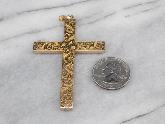 Engraved Floral 10K Gold Cross Pendant, Large Vintage… - Gem