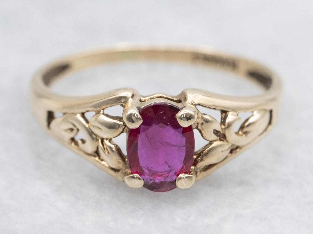 Vintage 10K Gold Ruby Ring, Botanical Solitaire - Etsy