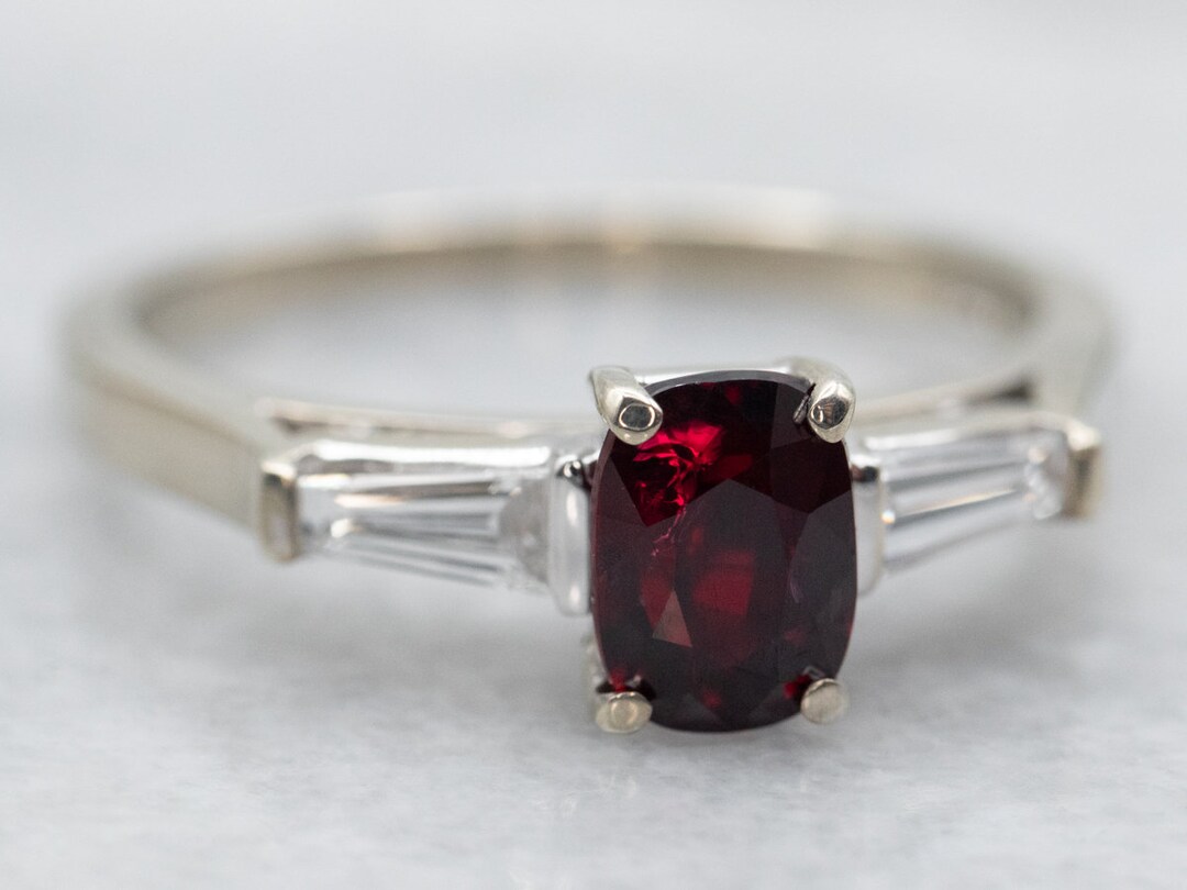 White Gold Oval Cut Ruby Ring With Baguette Cut Diamond Accents, White ...