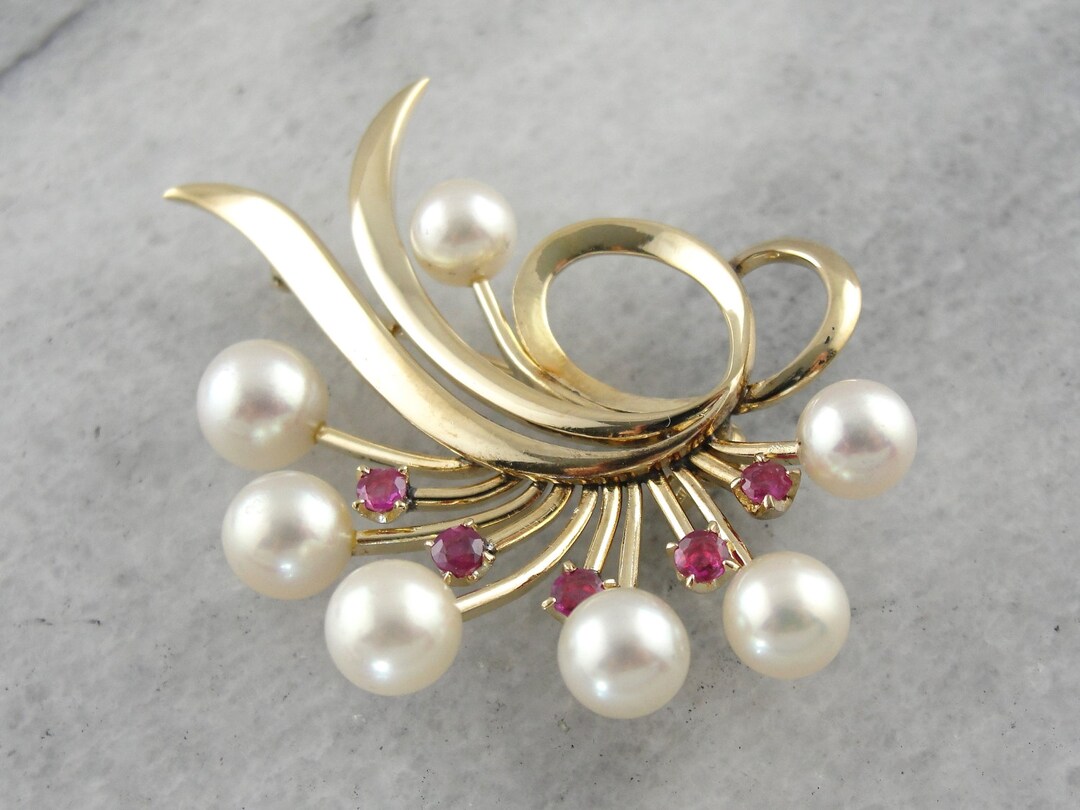 Vintage Pearl and Ruby Brooch in Yellow Gold, Abstract Statement Pin ...