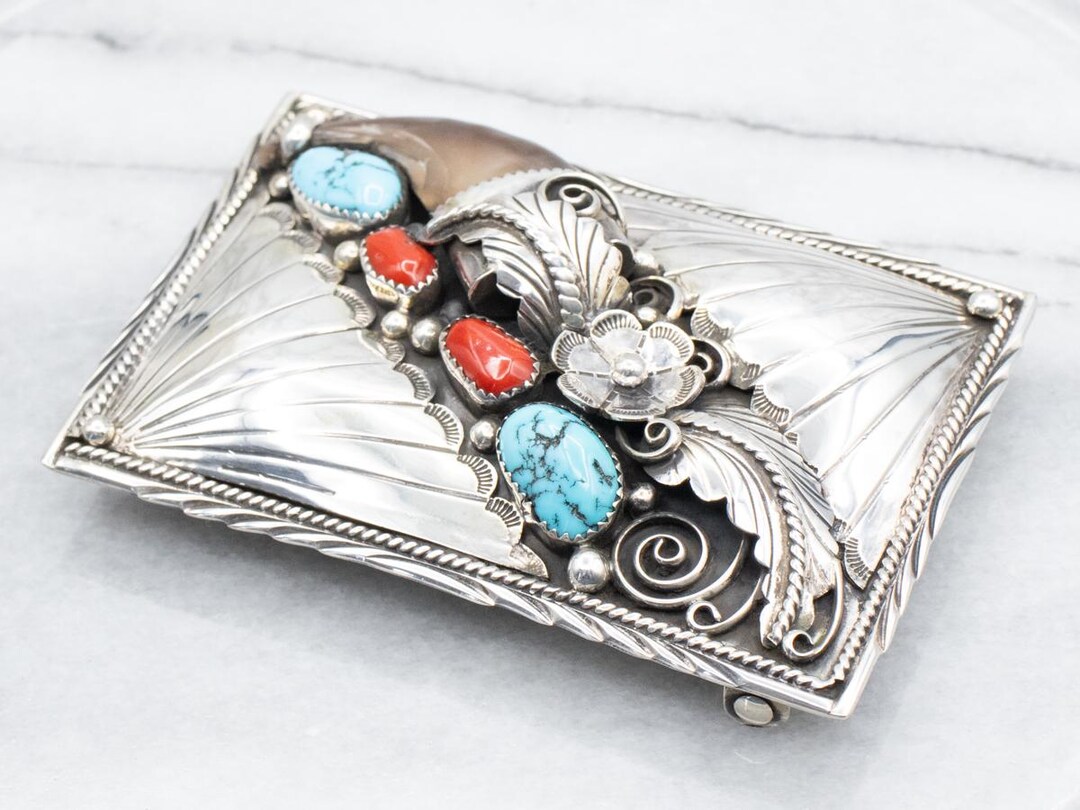 Vintage Native American Sterling Silver Turquoise Coral Belt Buckle - Etsy