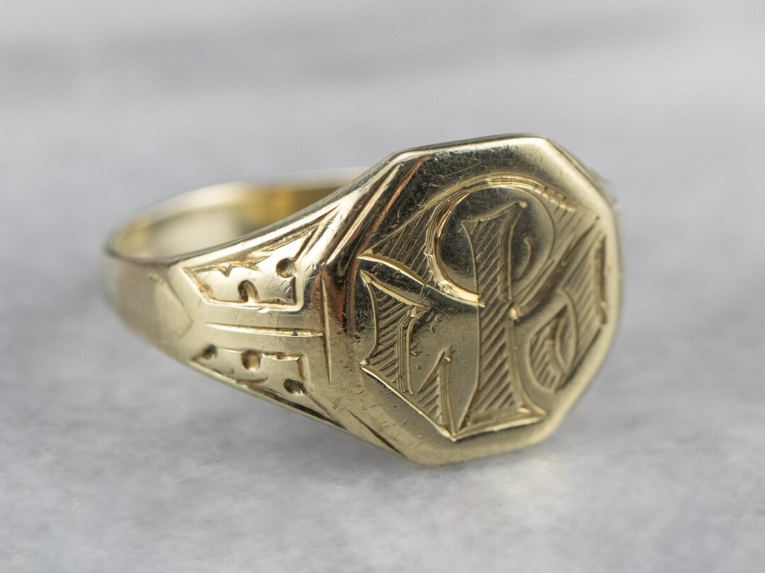 Antique Green Gold Signet Ring, Monogram Ring, Unisex Ring, Initial ...