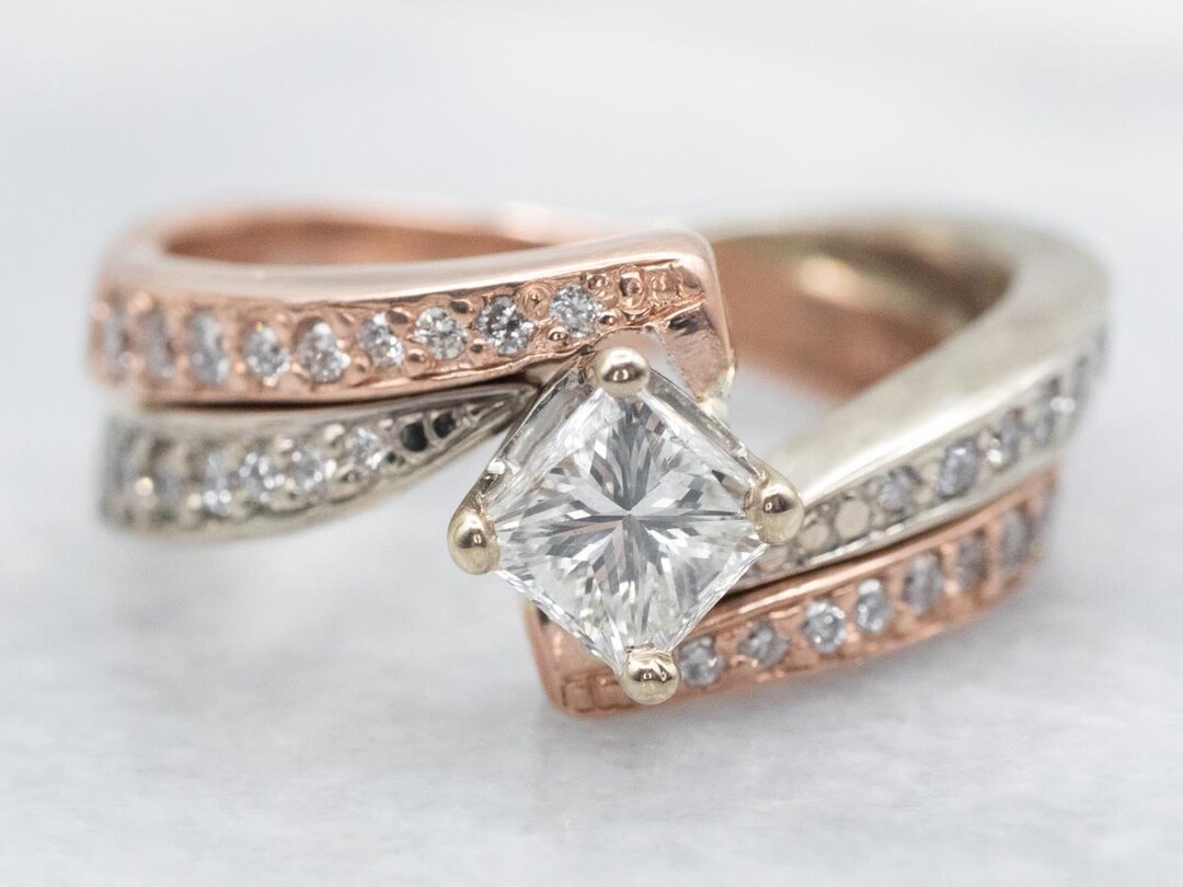 14K Two-tone Gold Diamond Engagement Ring, Princess Cut Bypass Ring - Etsy