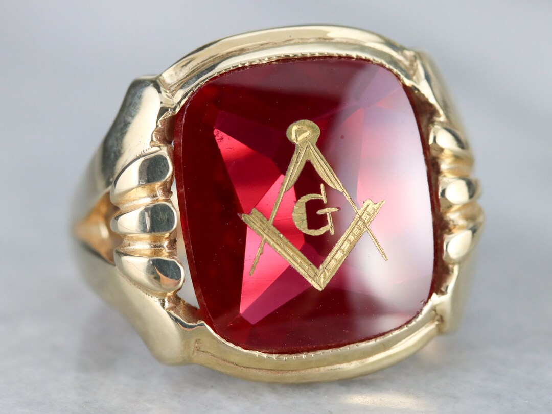 Large Vintage Decorative Side Red Glass Masonic Signet Ring - L002KL-P ...