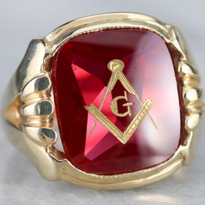 Large Vintage Decorative Side Red Glass Masonic Signet Ring - L002KL-P ...