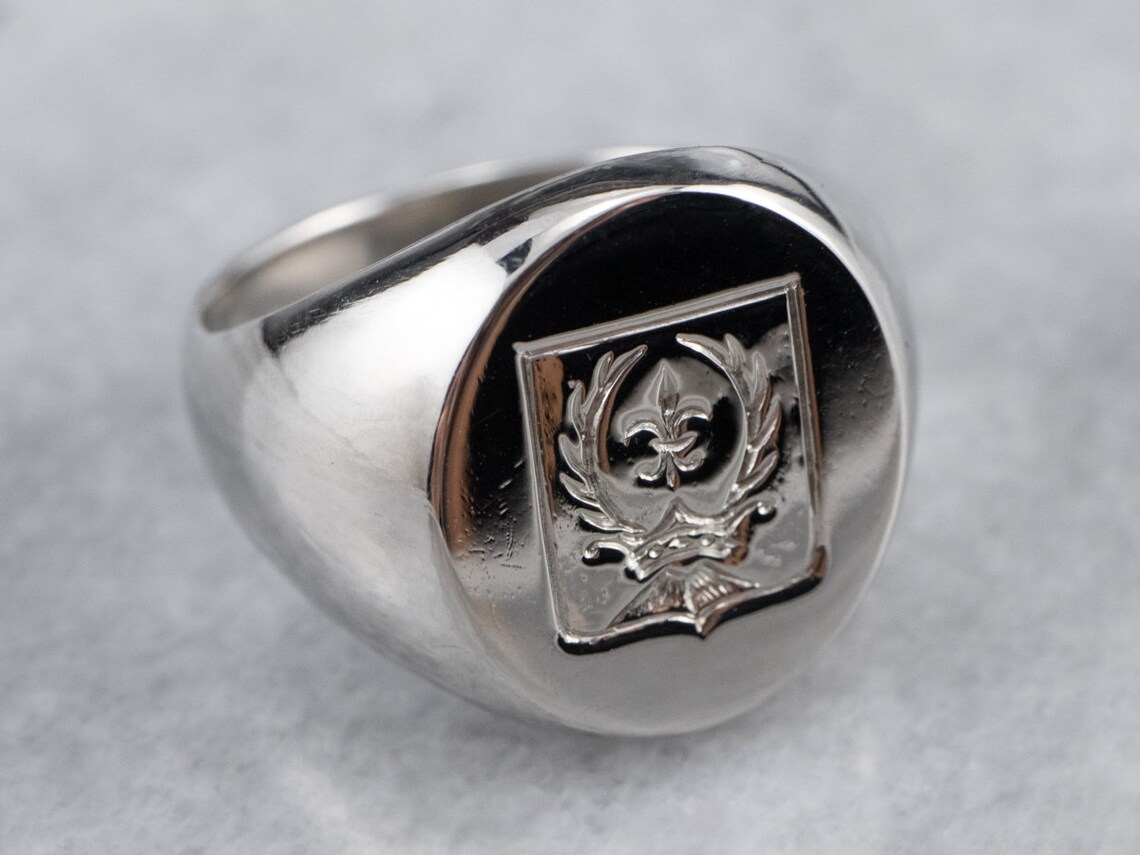 Platinum Fleur De Lis Signet Ring, Heavy Laurel Emblem (size 8) - Etsy
