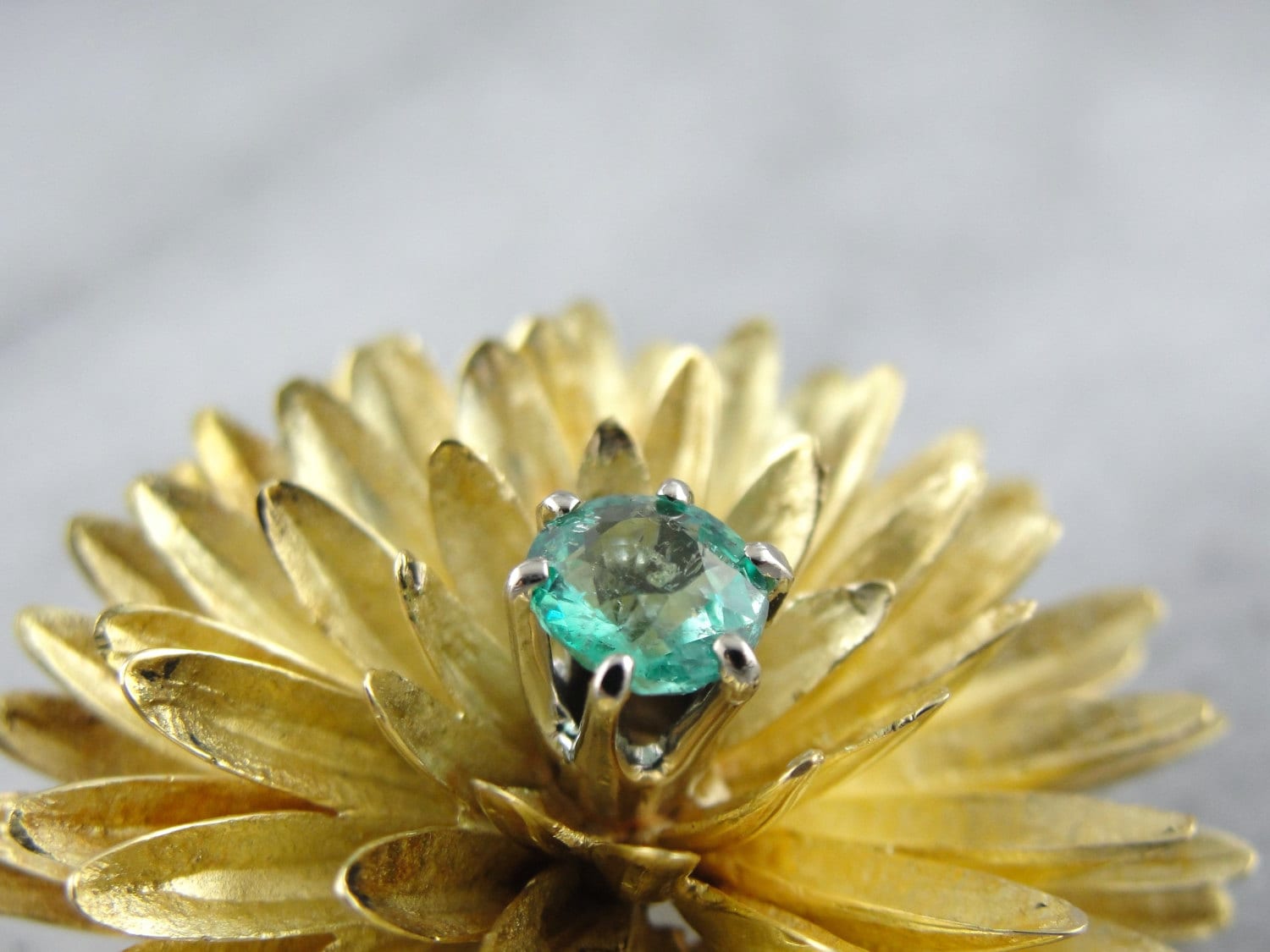 Flower Brooch With Bright Emerald Center, Textured High Karat Yellow ...