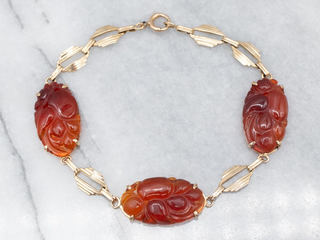 Vintage Carved Carnelian Flower Link Bracelet, Vintage Carnelian ...