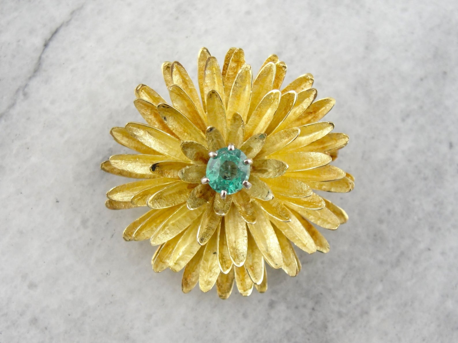 Flower Brooch With Bright Emerald Center, Textured High Karat Yellow ...