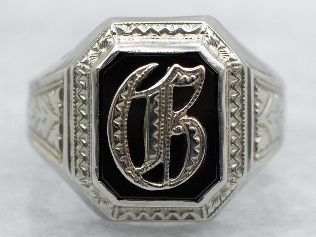 Black Onyx "c" Initial Signet Ring, White Gold Onyx Ring, Onyx Signet, Antique Onyx Ring, Art ...