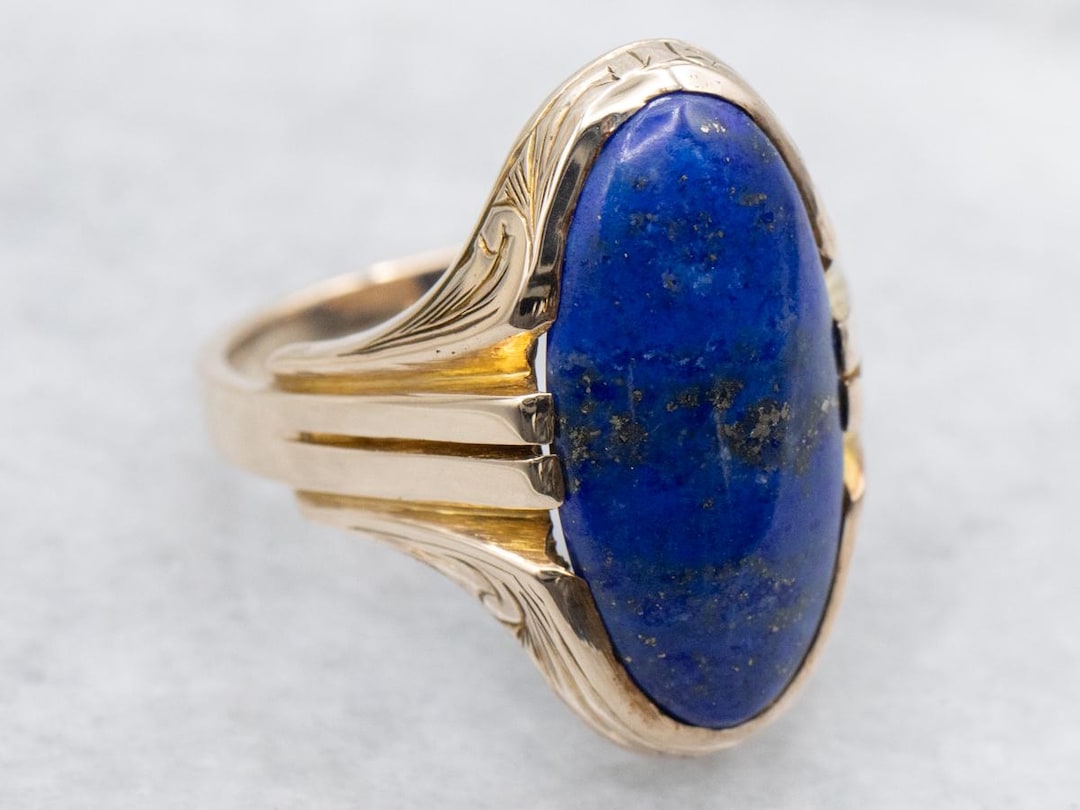 Victorian 10K Gold Lapis Ring, Carved Shoulders, Size 6 - Etsy