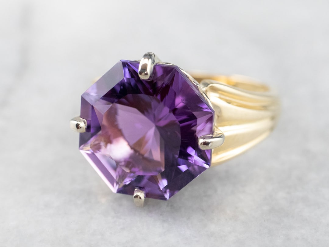 Fancy Cut Amethyst Cocktail Ring, Two Tone Gold Amethyst Ring, Amethyst ...