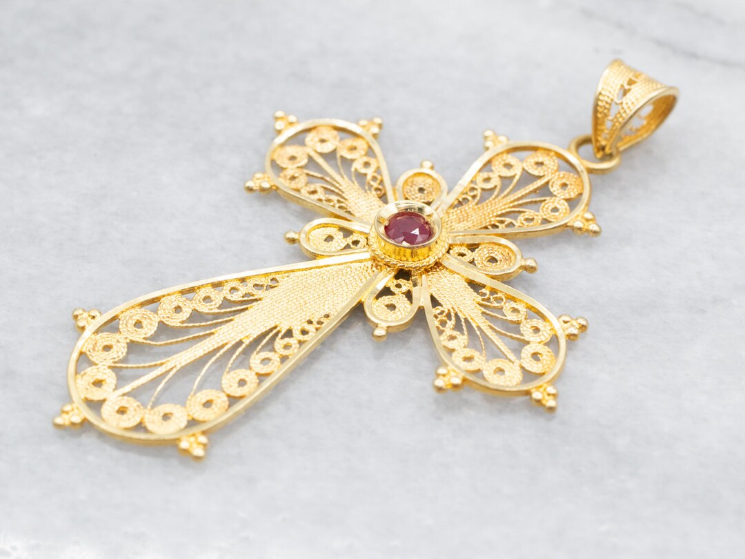 Ornate Gold Filigree and Ruby Cross, 18K Yellow Gold Cross, Religious ...