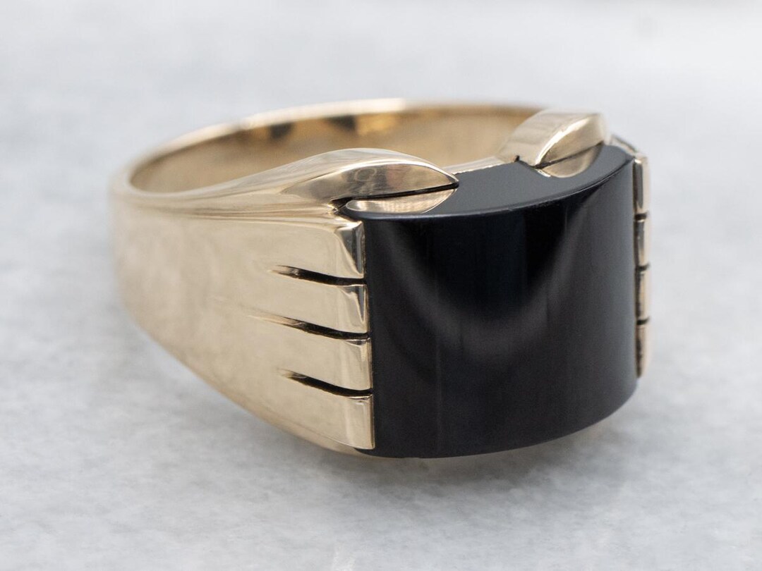 Men's Black Onyx Yellow Gold Grooved Statement Ring - Etsy