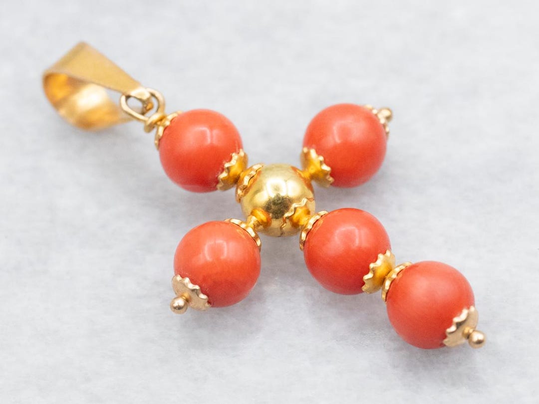 Coral Bead Cross Pendant, Coral Cross, Coral Pendant, Coral Bead Cross ...