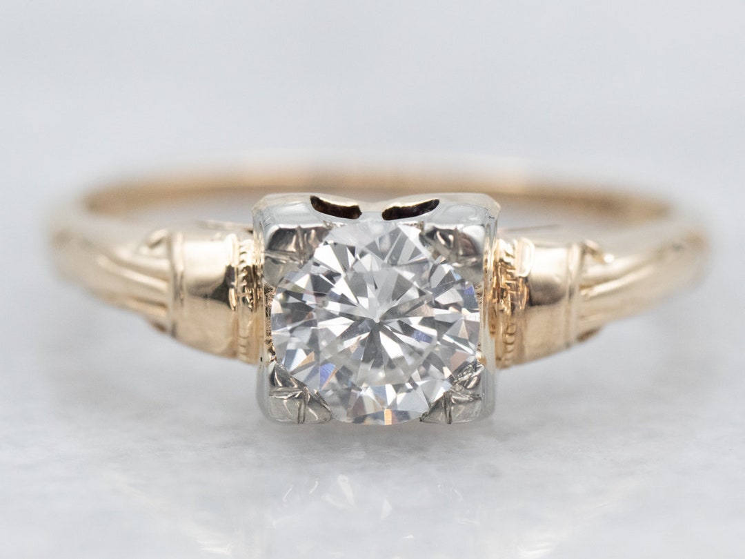14K Two-tone Gold Diamond Solitaire Engagement Ring - Etsy