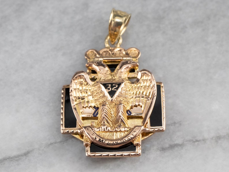Antique 10K Gold Masonic Double Headed Eagle Pendant, Enamel Fraternal ...