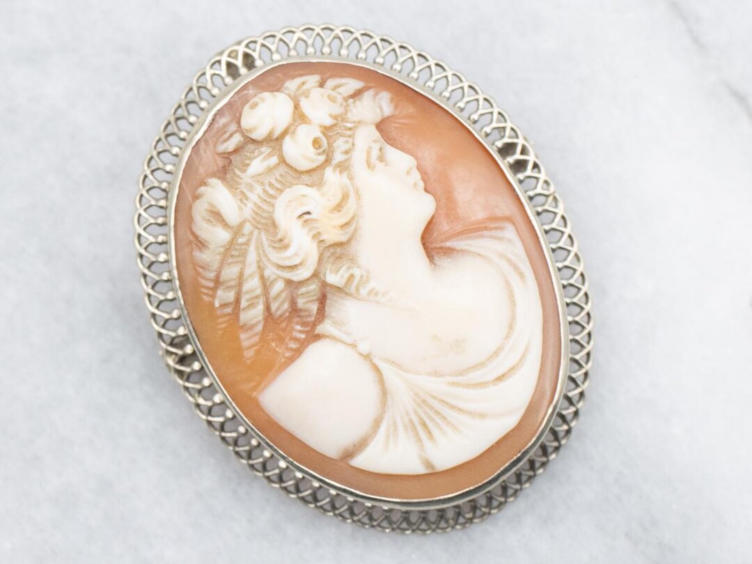 Vintage Shell Cameo, 14K White Gold Pendant Brooch - Etsy
