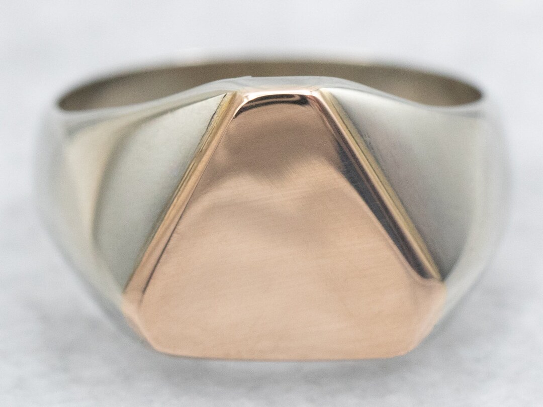 Two Tone Signet Ring With Triangle Top, Yellow and Rose Gold Ring ...