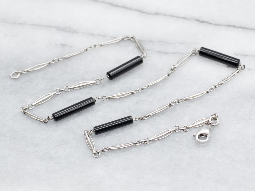 Vintage Platinum and Black Onyx Pocket Watch Chain, Platinum Chain ...