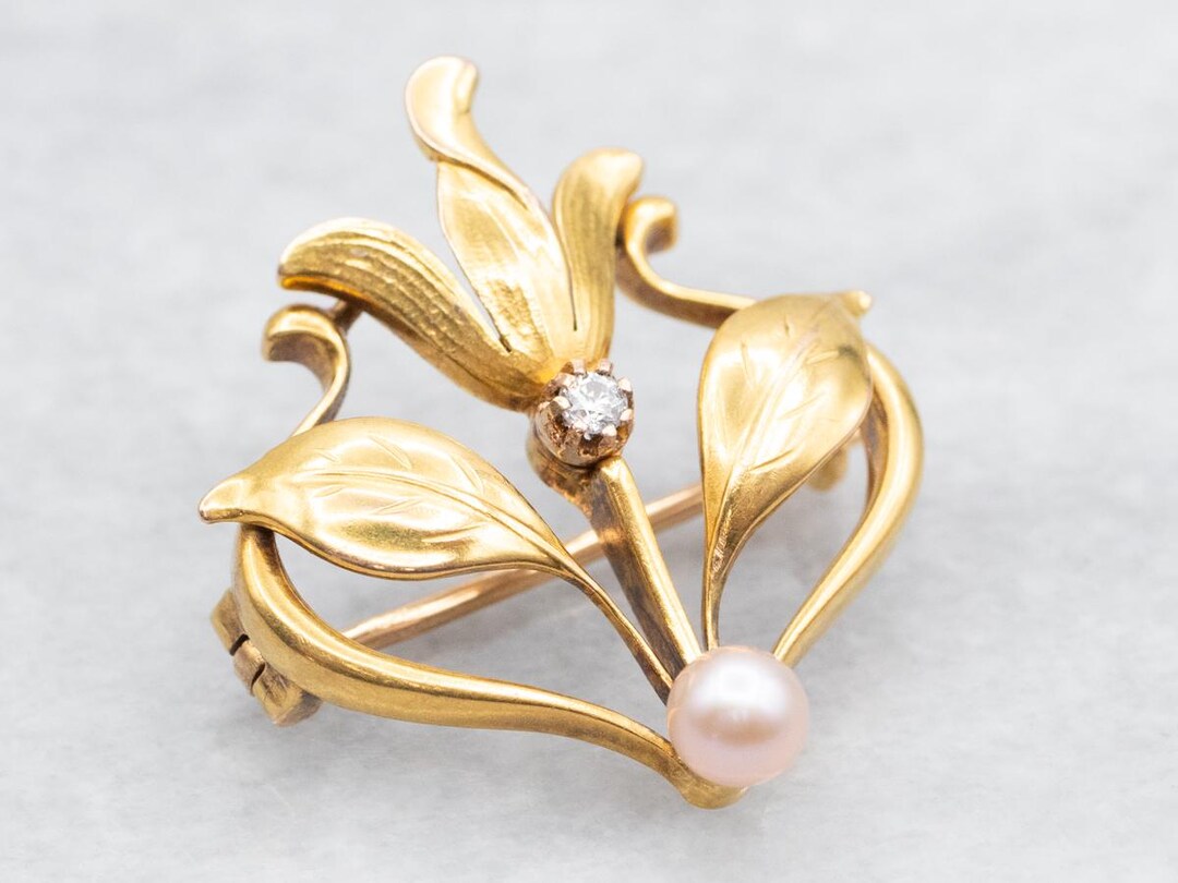 Vintage 18K Yellow Gold Botanical Brooch, Diamond and Pearl - Etsy