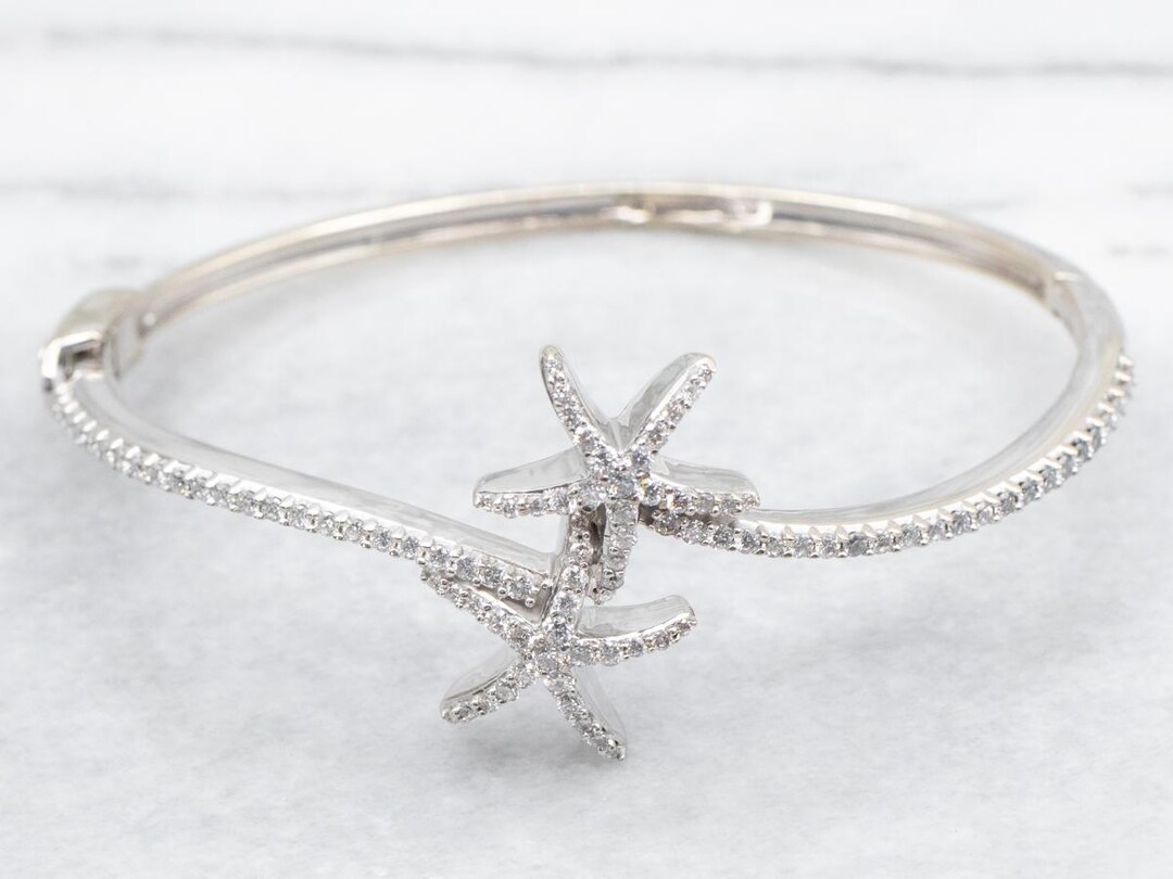 Starfish Gold Diamond Bracelet, Diamond Bangle Bracelet, Stacking Bracelet, Layering Bracelet ...
