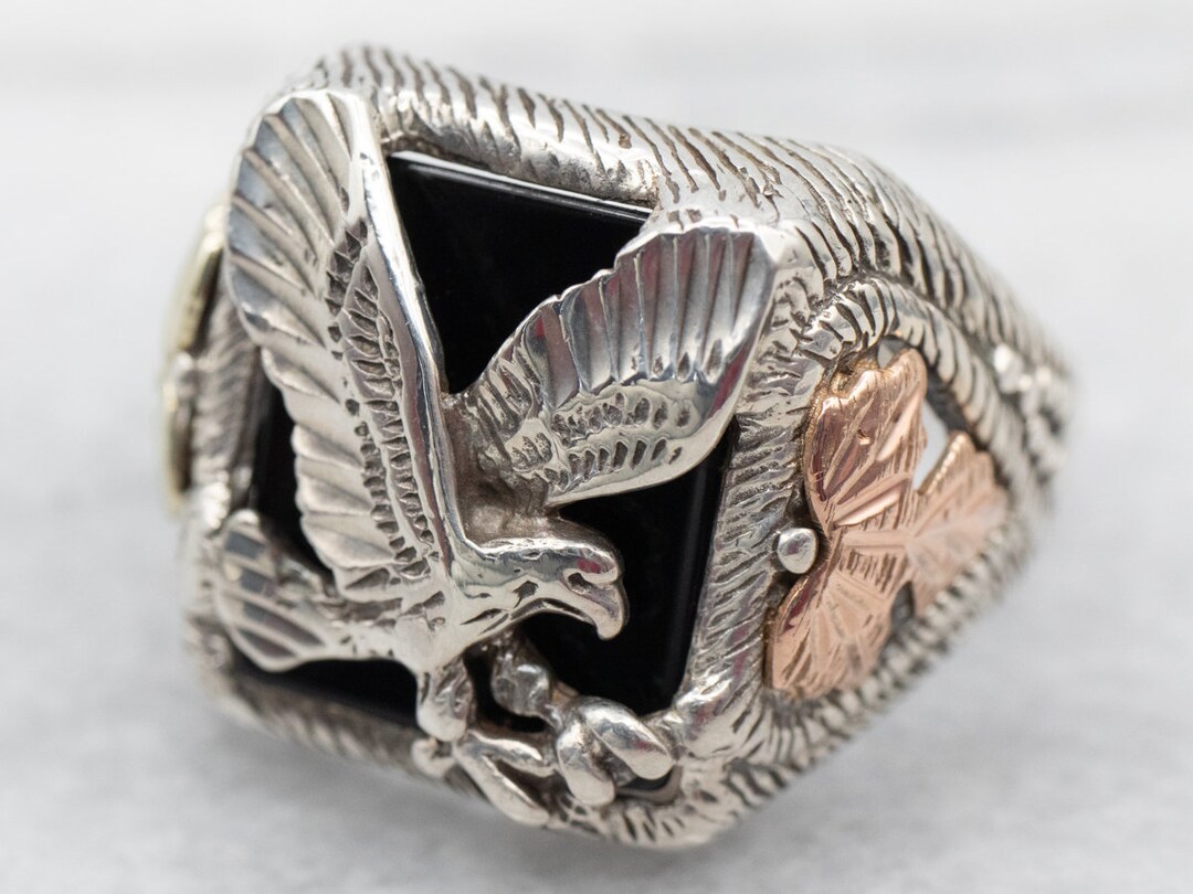 Black Onyx Eagle Statement Ring, Mixed Metal Onyx Ring, Men's Ring ...