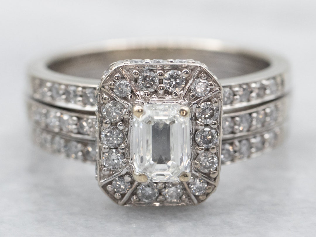 White Gold Emerald Cut Diamond Triple Band Engagement Ring With Diamond ...