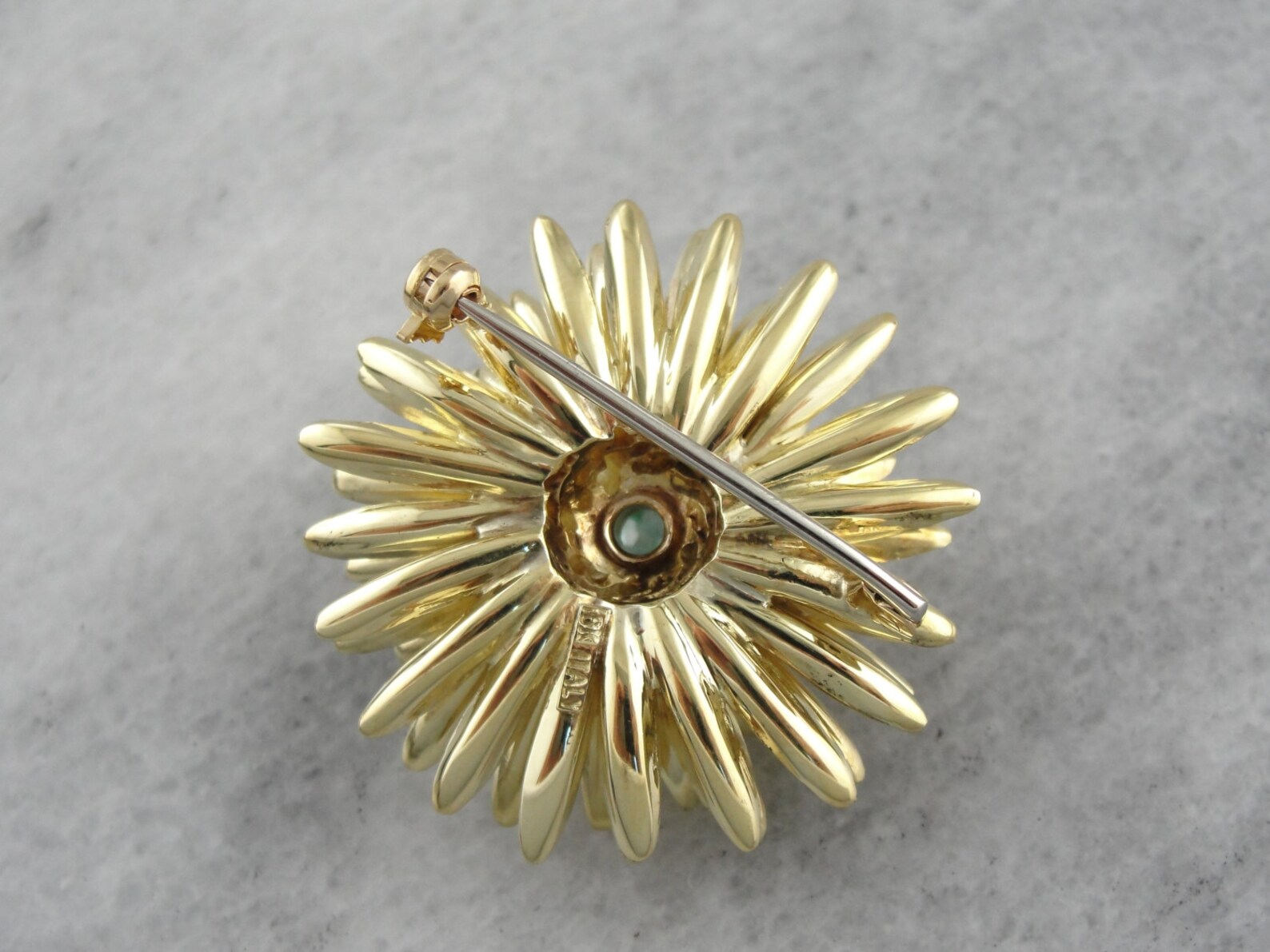 Flower Brooch With Bright Emerald Center, Textured High Karat Yellow ...