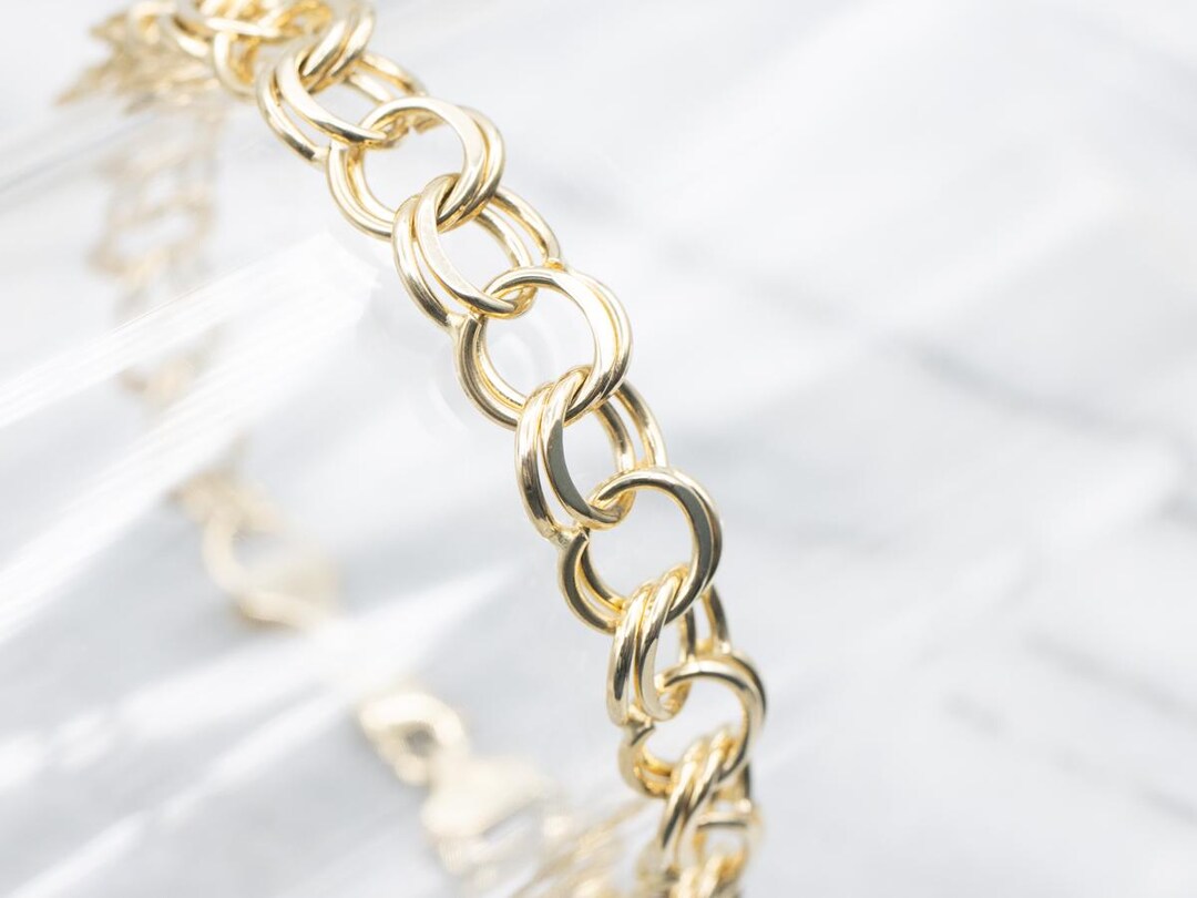 Double Ring Yellow Gold Charm Bracelet, Chain Link Bracelet, Charm ...