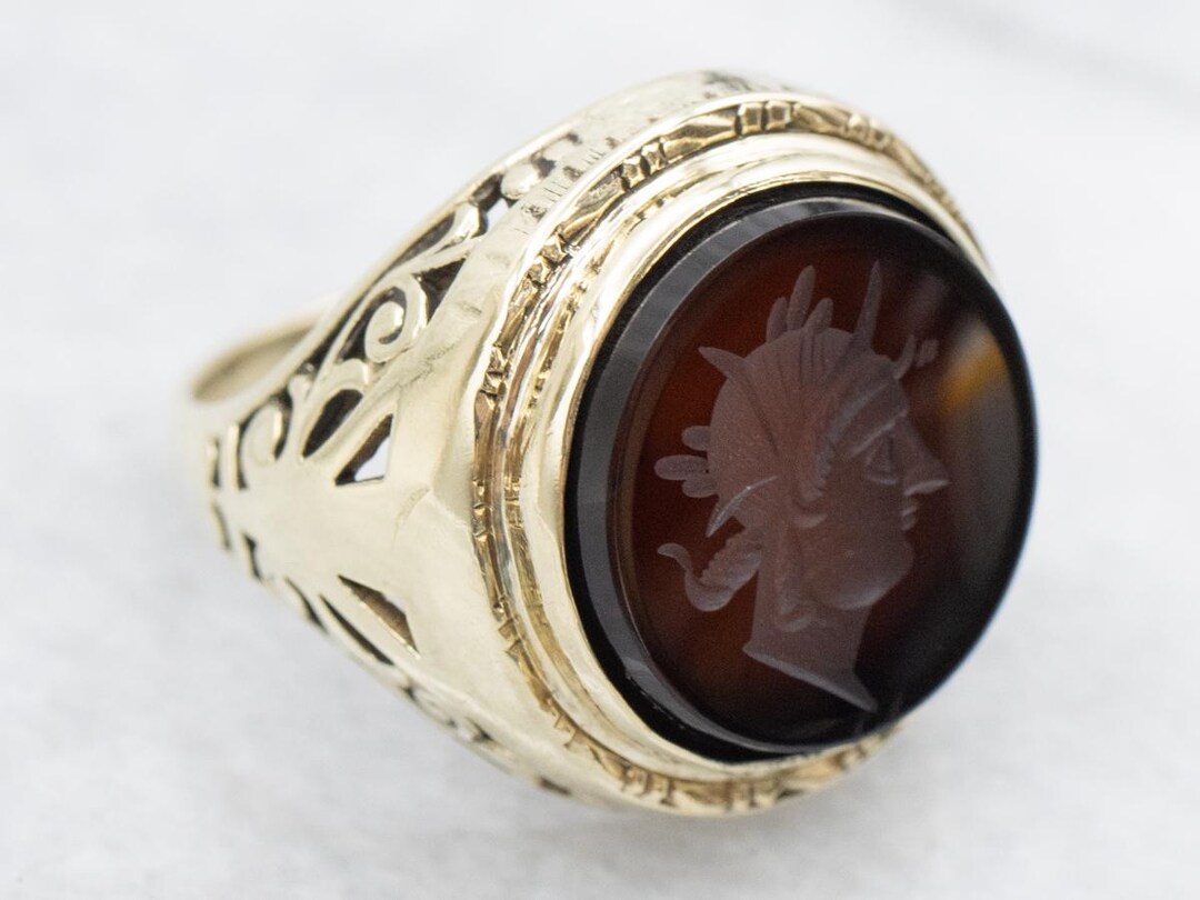 14K Yellow Gold Sardonyx Intaglio Ring, Roman Icarus Filigree - Etsy