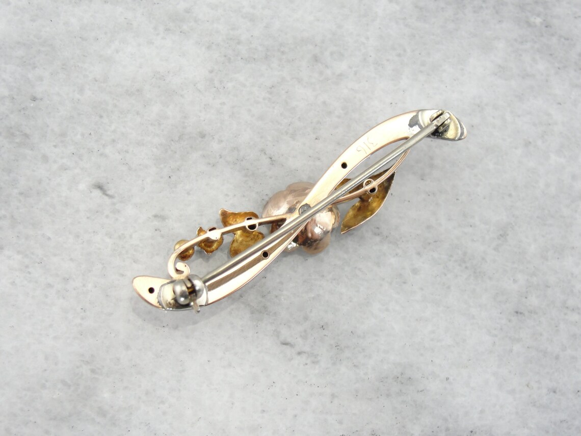 Floral Branch and Leaves Antique Gold Bar Pin, Art Nouveau Fine Brooch ...