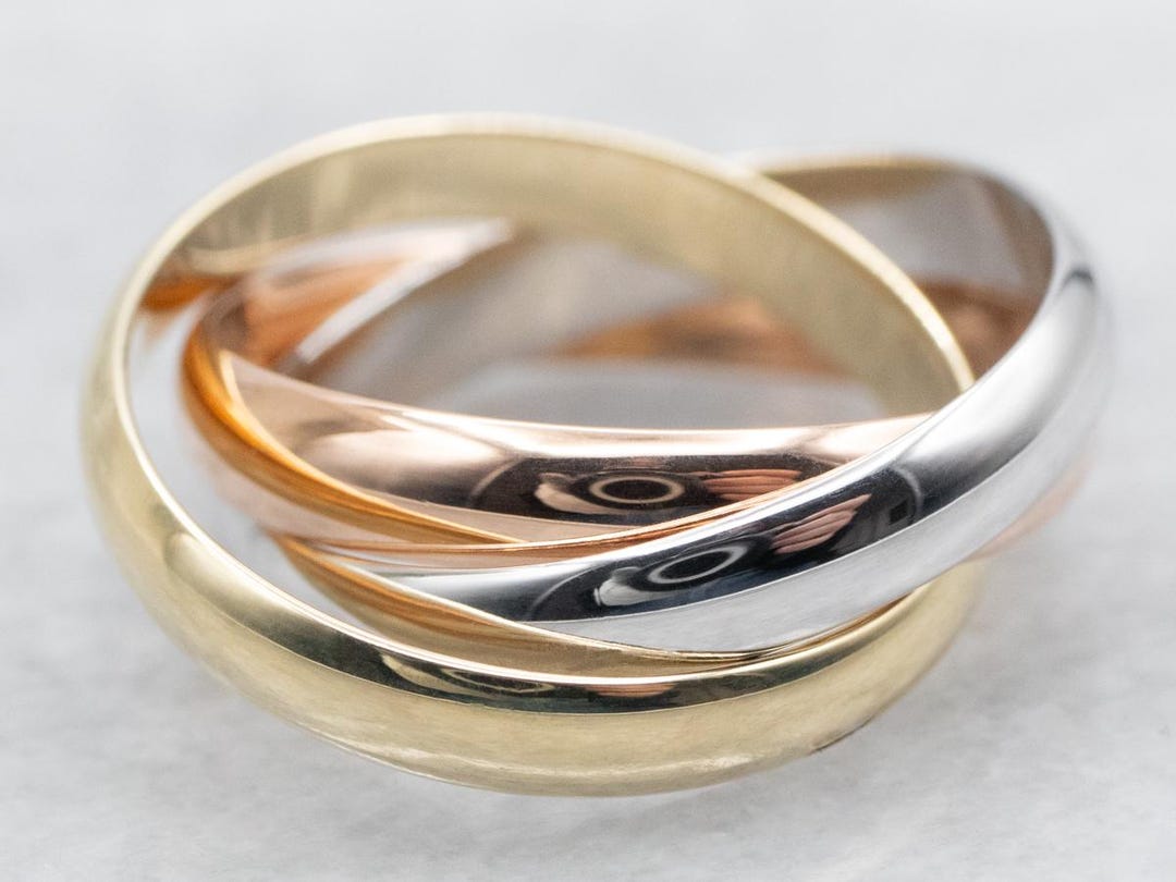 14K Tri Color Gold Rolling Ring, Interlocking Bands - Etsy