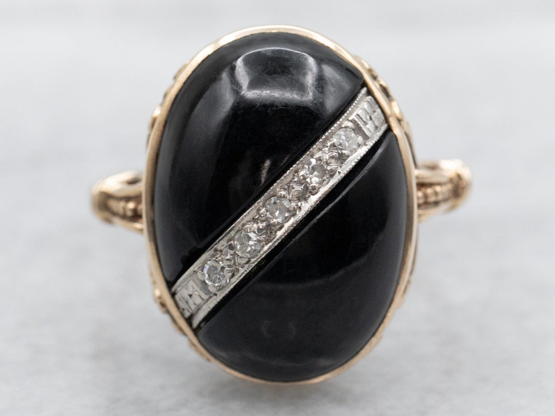 Sleek Bold Onyx and Diamond Statement Ring, Vintage Onyx Cocktail Ring ...