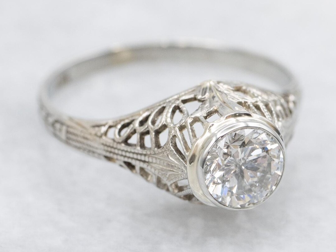 Art Deco 18K White Gold Diamond Ring, Filigree Bezel Solitaire - Etsy