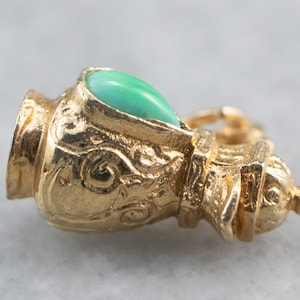 Ornate Teal Glass and Gold Pitcher Charm, 14K Yellow Gold Charm ...