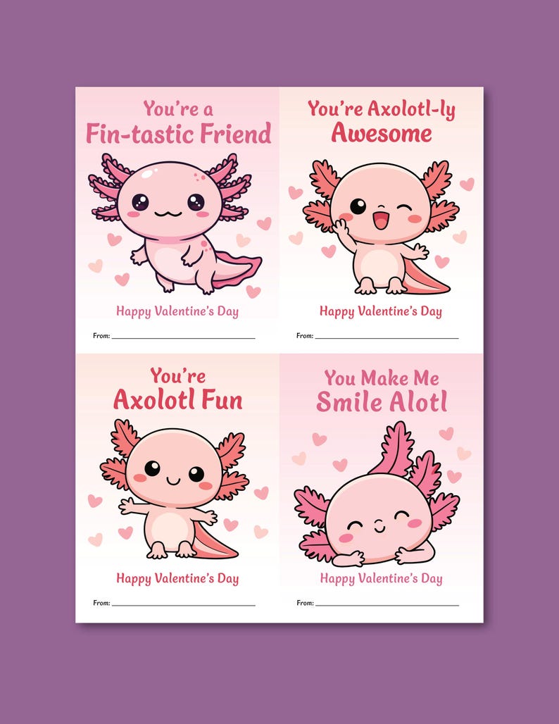 Axolotl Valentine Cards for Kids | Printable Classroom Exchange (PDF ...