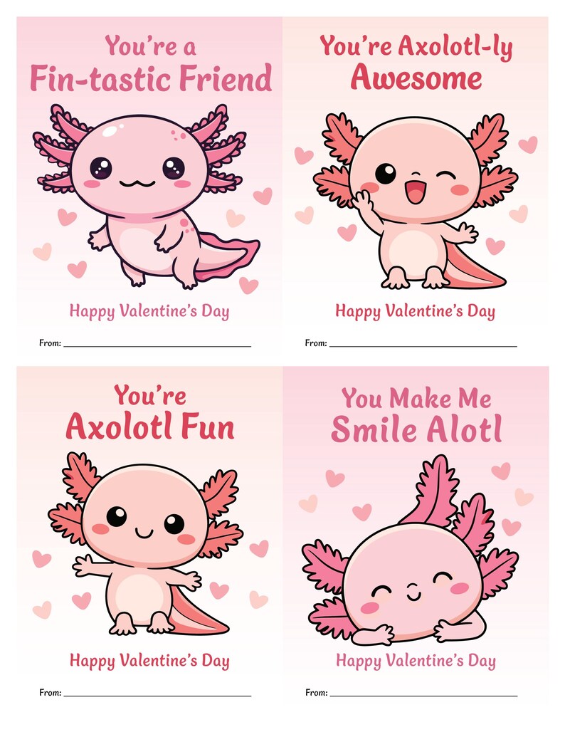 Axolotl Valentine Cards for Kids | Printable Classroom Exchange (PDF ...