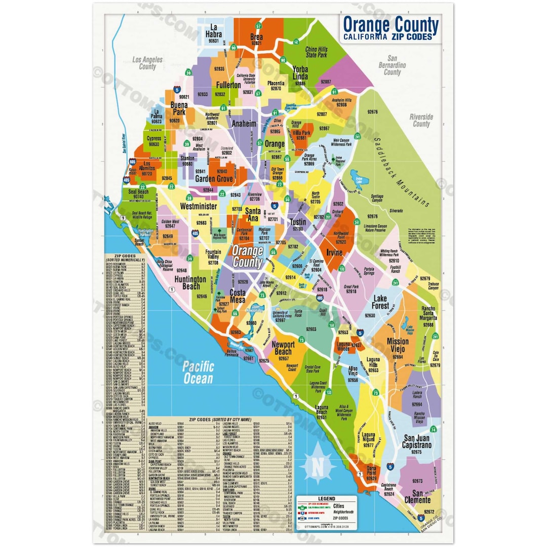 Orange County Zip Code Map zip Codes Colorized POSTER PRINTS - Etsy