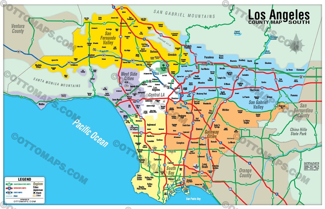 Los Angeles County Map - SOUTH - No Zip Codes - POSTER PRINTS - Etsy