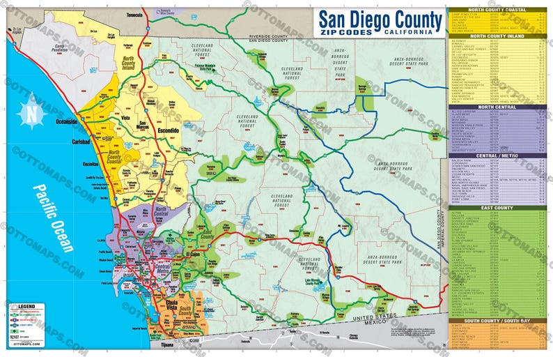 San Diego County Zip Code Map - FULL (areas Colorized) - POSTER PRINTS ...