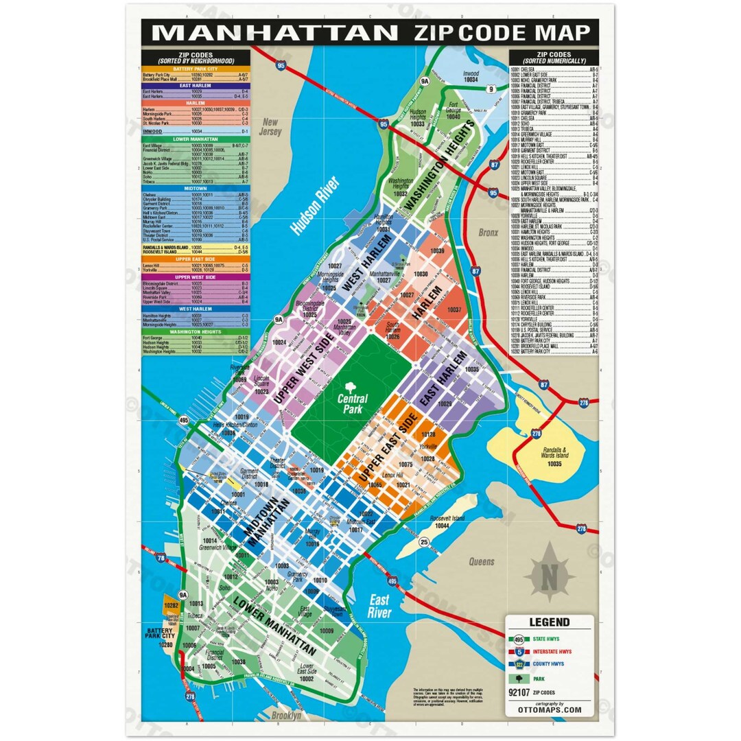 Manhattan Zip Code Map neighborhoods Colorized POSTER PRINTS - Etsy