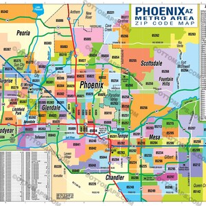 Phoenix Metro Area Zip Code Map - Zip Codes Colored - POSTER PRINTS - Etsy