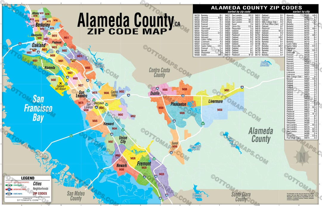 Alameda County Zip Code Map - POSTER PRINTS - Etsy