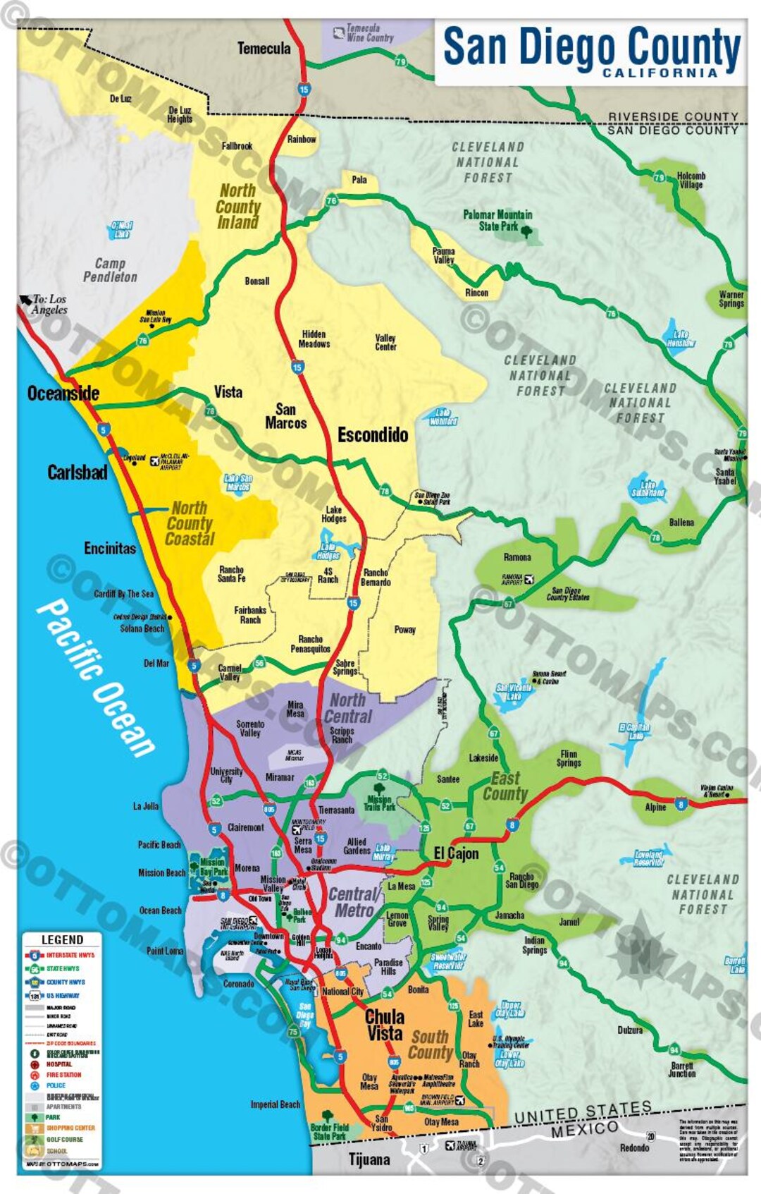 San Diego County Map - COASTAL (no Zip Codes) - POSTER PRINTS - Etsy