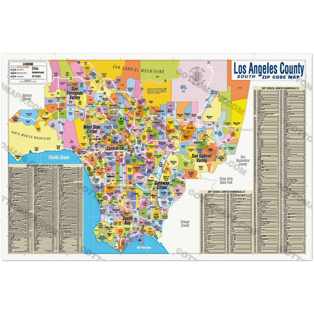 Los Angeles Zip Code Map SOUTH zip Codes Colored POSTER PRINTS - Etsy