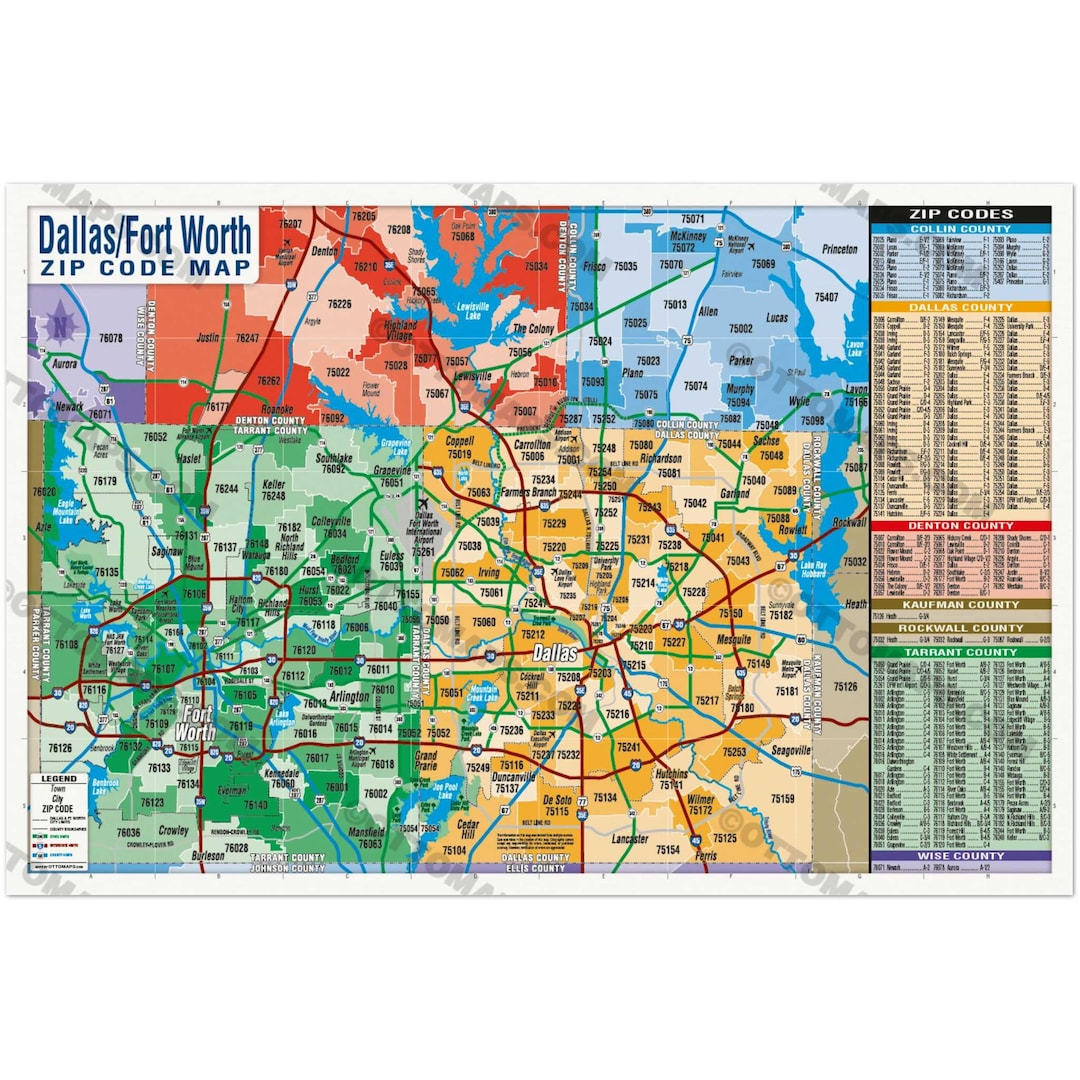 Dallas Fort Worth Zip Code Map Counties Colorized POSTER PRINTS - Etsy UK