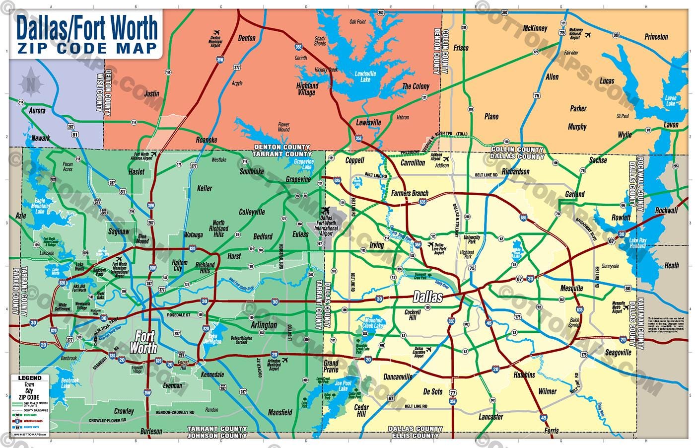 Dallas Fort Worth Map - No Zip Codes - POSTER PRINTS - Etsy